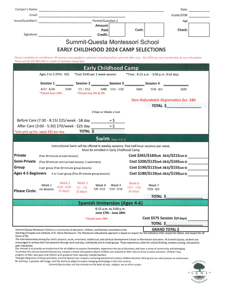 2024 Summer Camp Early Childhood Registration Form - Summit-Questa